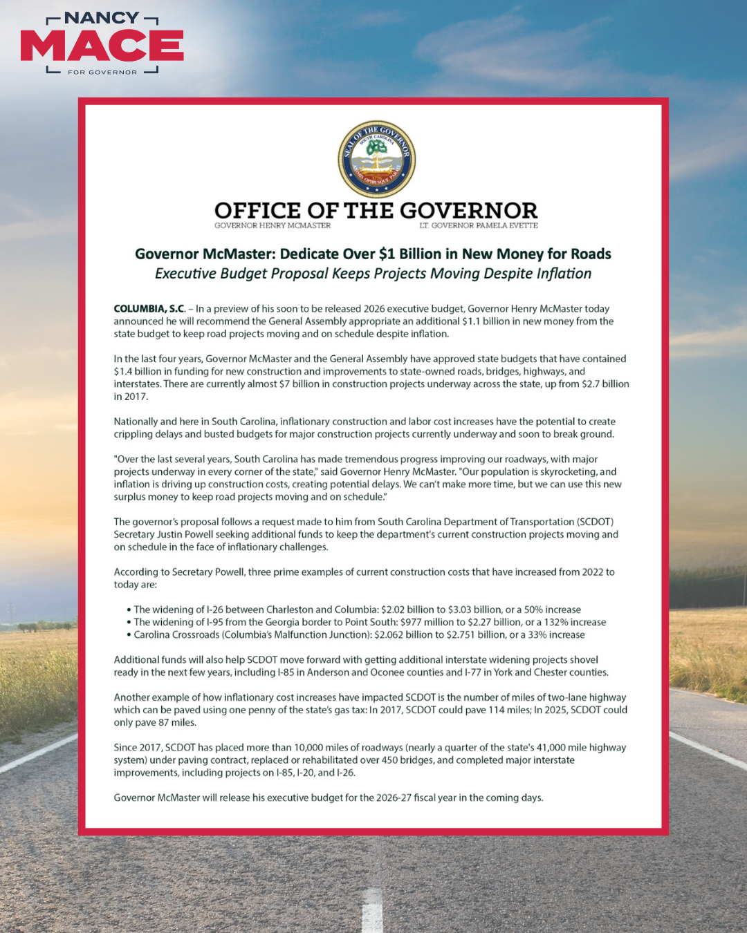 Mace Applauds McMaster’s $1.1 Billion - Nancy Mace